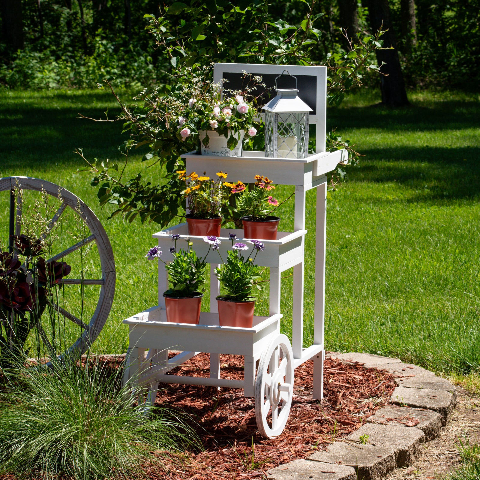 Sunnydaze 3-Tiered Flower Cart Display Stand with Wheels - White