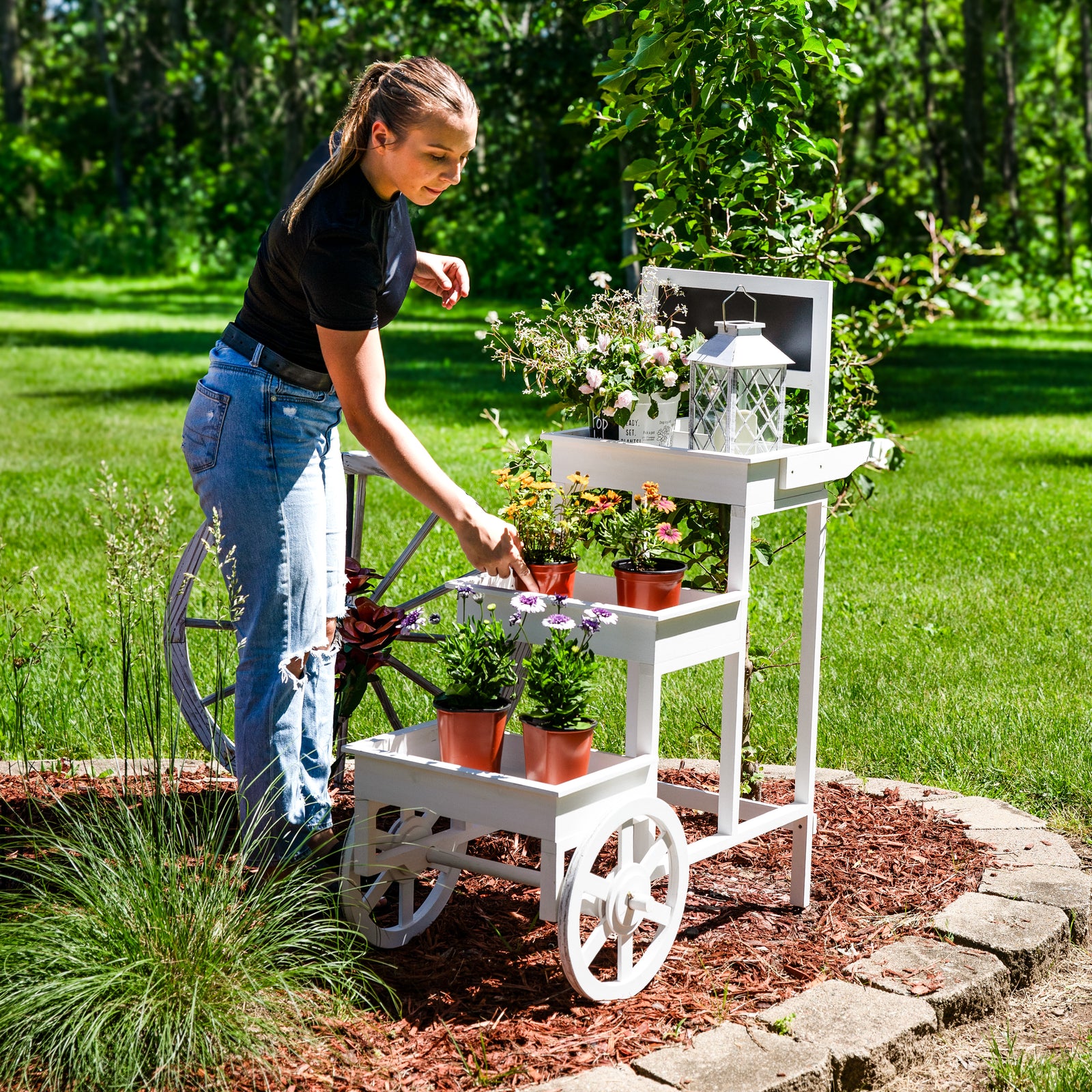 Sunnydaze 3-Tiered Flower Cart Display Stand with Wheels - White
