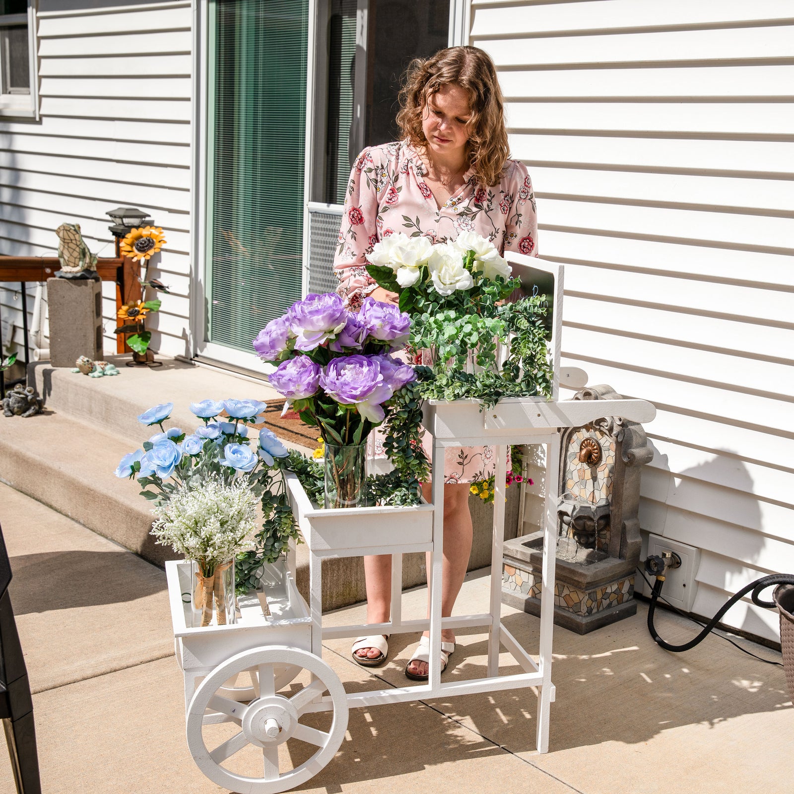 Sunnydaze 3-Tiered Flower Cart Display Stand with Wheels - White