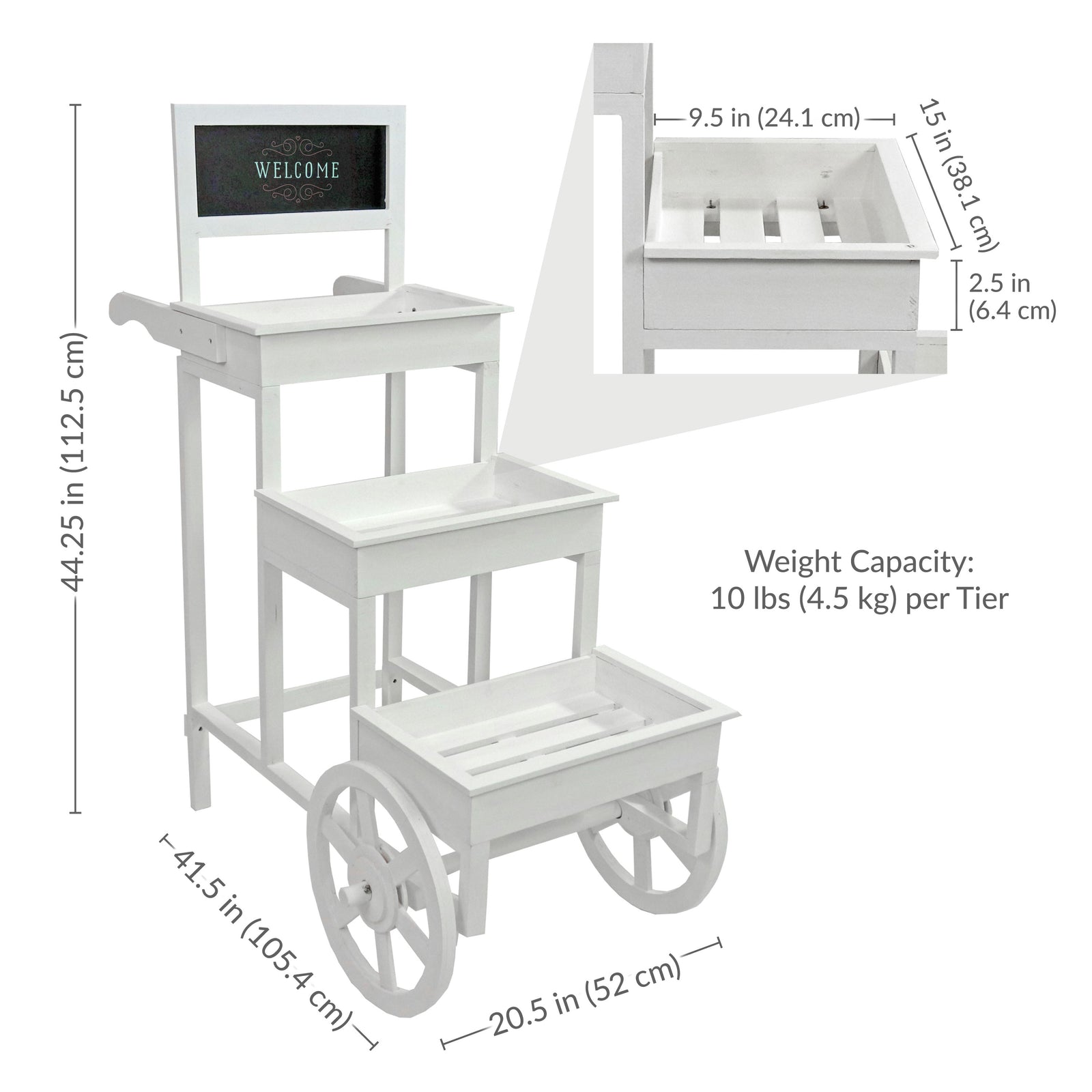 Sunnydaze 3-Tiered Flower Cart Display Stand with Wheels - White