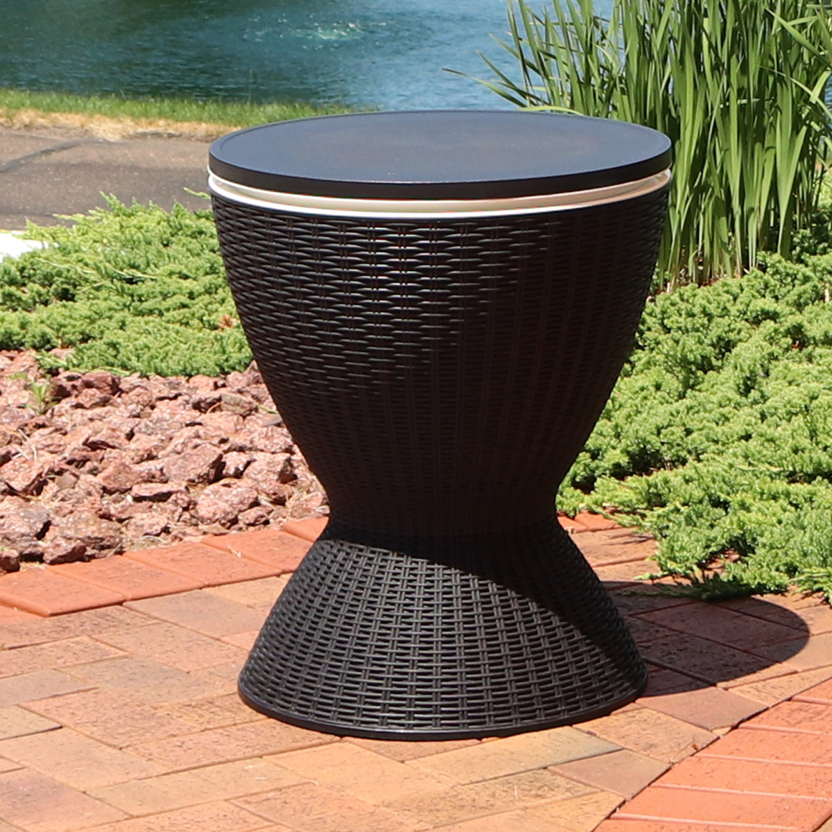 Sunnydaze Decor Rattan Design Patio Bar Cooler Table with Height Adjustable Tabletop Phantom Gray